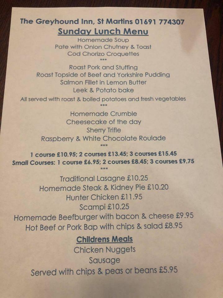 Menu at Greyhound Inn restaurant, Saint Martin's