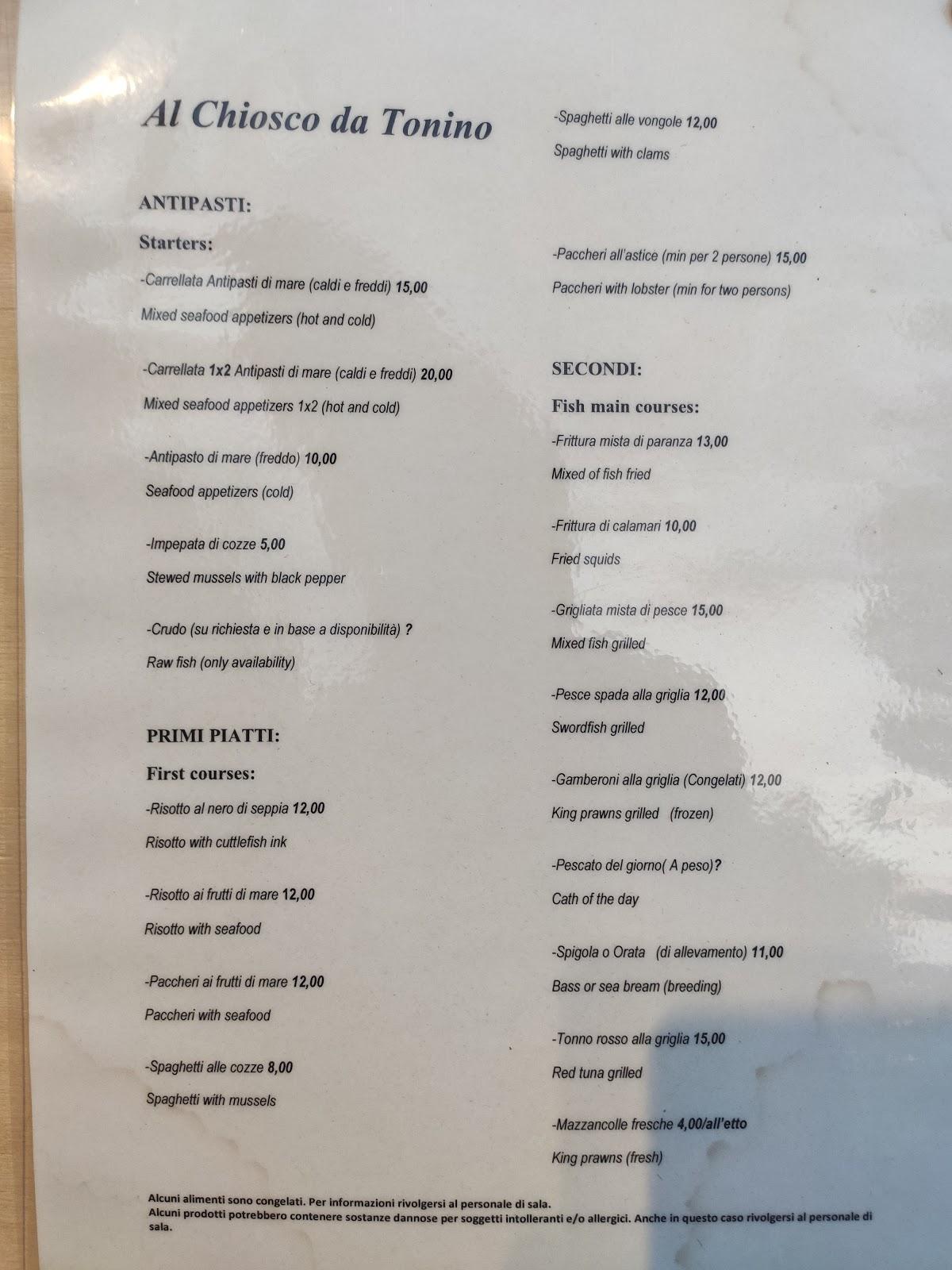 Menu da Al chiosco da Tonino ristorante, Lido