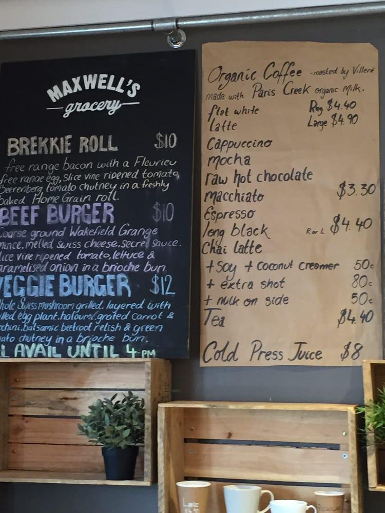 Menu at Maxwell's Grocery cafe, Aldinga