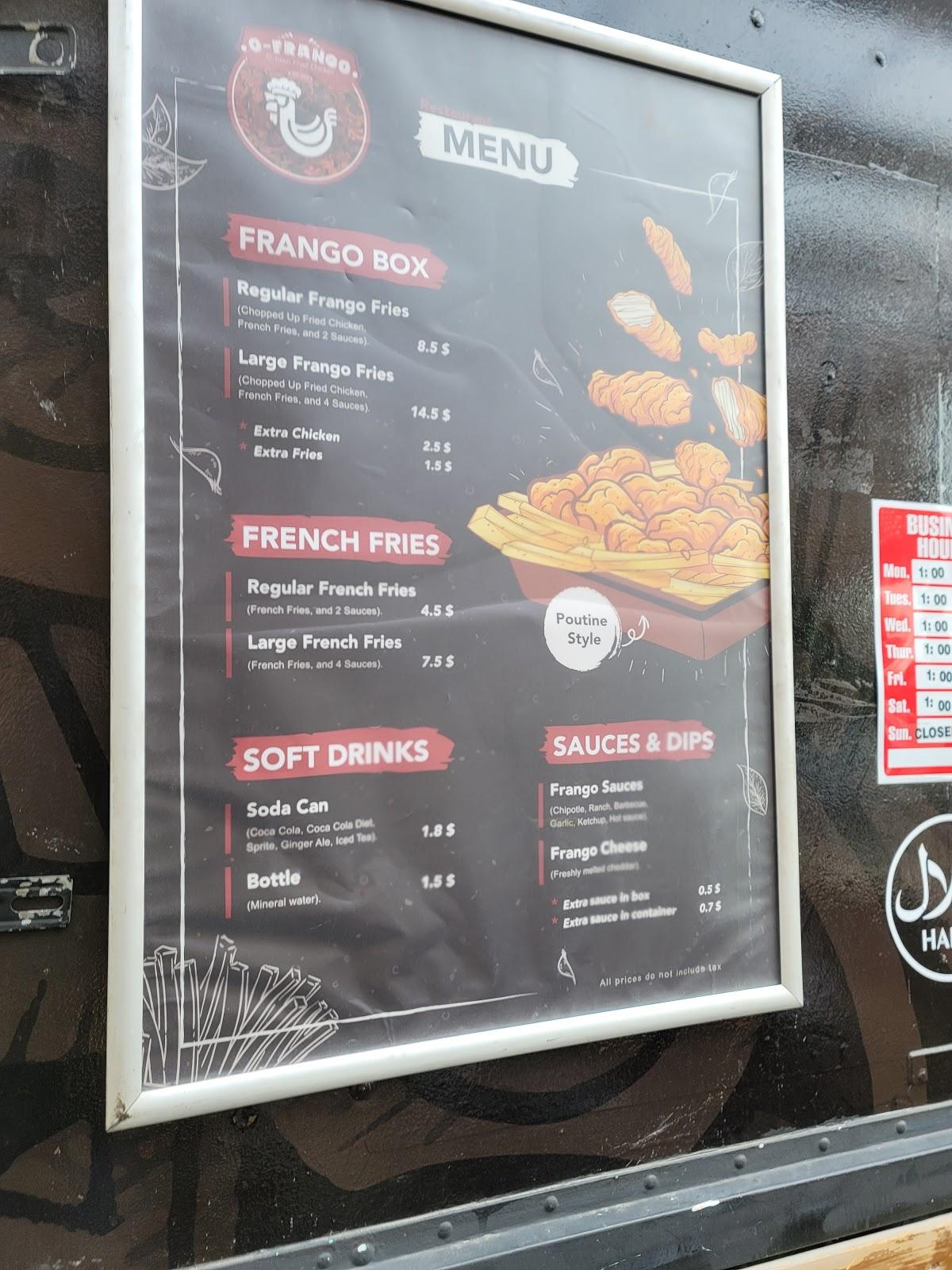 Menu at O-FRANGO restaurant, Ottawa, 151 Laurier Ave E