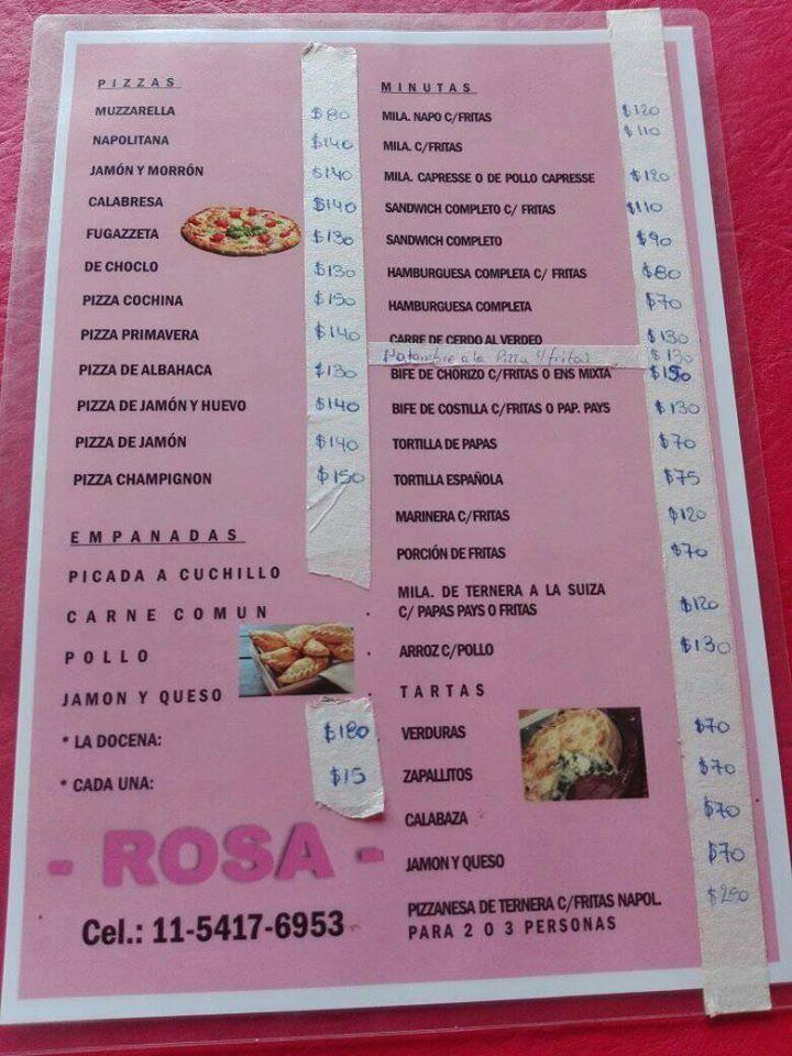 Menu at Pizzeria y restaurant Rosa, Maquinista Savio