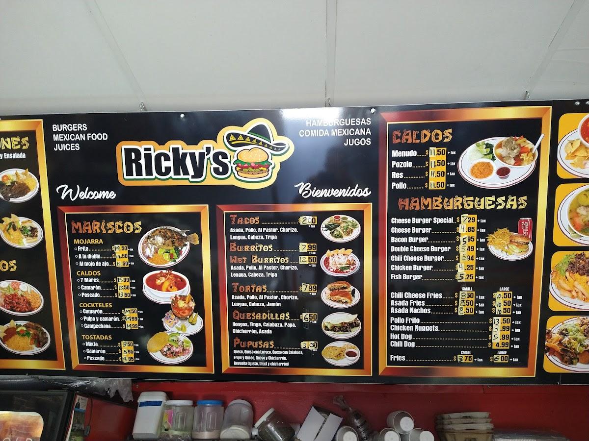 Menu at Ricky's Burgers Mexican restaurant, Los Angeles