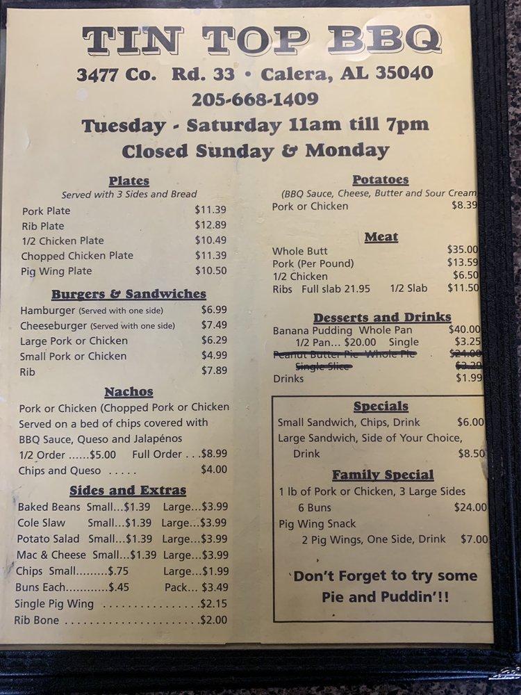 Menu at Tin Top BBQ, Calera, Co Rd 33