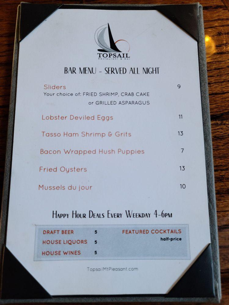 Menu at Topsail Restaurant & Bar, Mount Pleasant