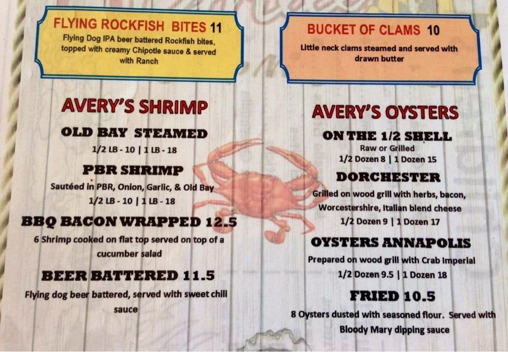 Menu at Avery's Maryland Grille pub & bar, Frederick