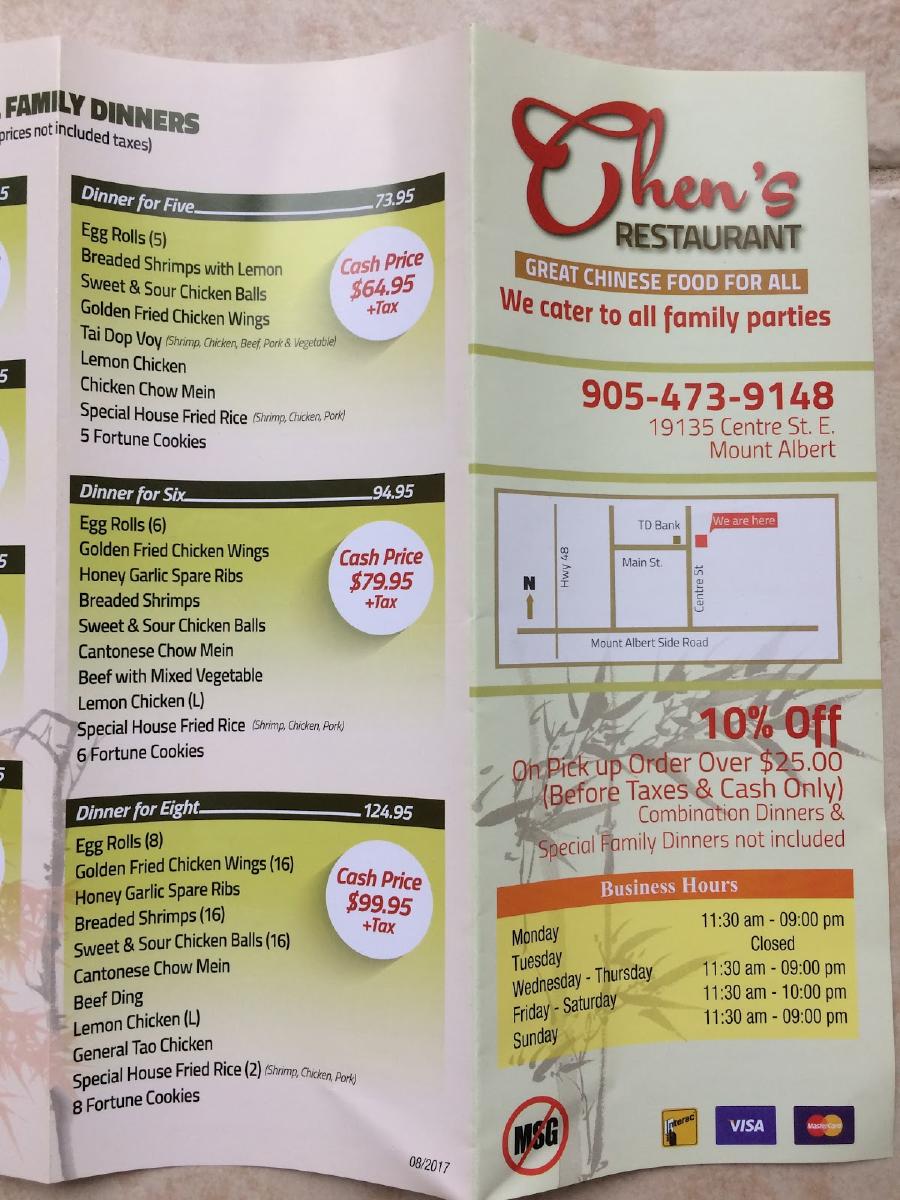 Menu at Chen's Restaurant, Mount Albert