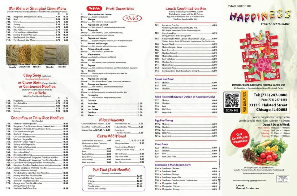 Menu at Happiness restaurant, Chicago, S Halsted St