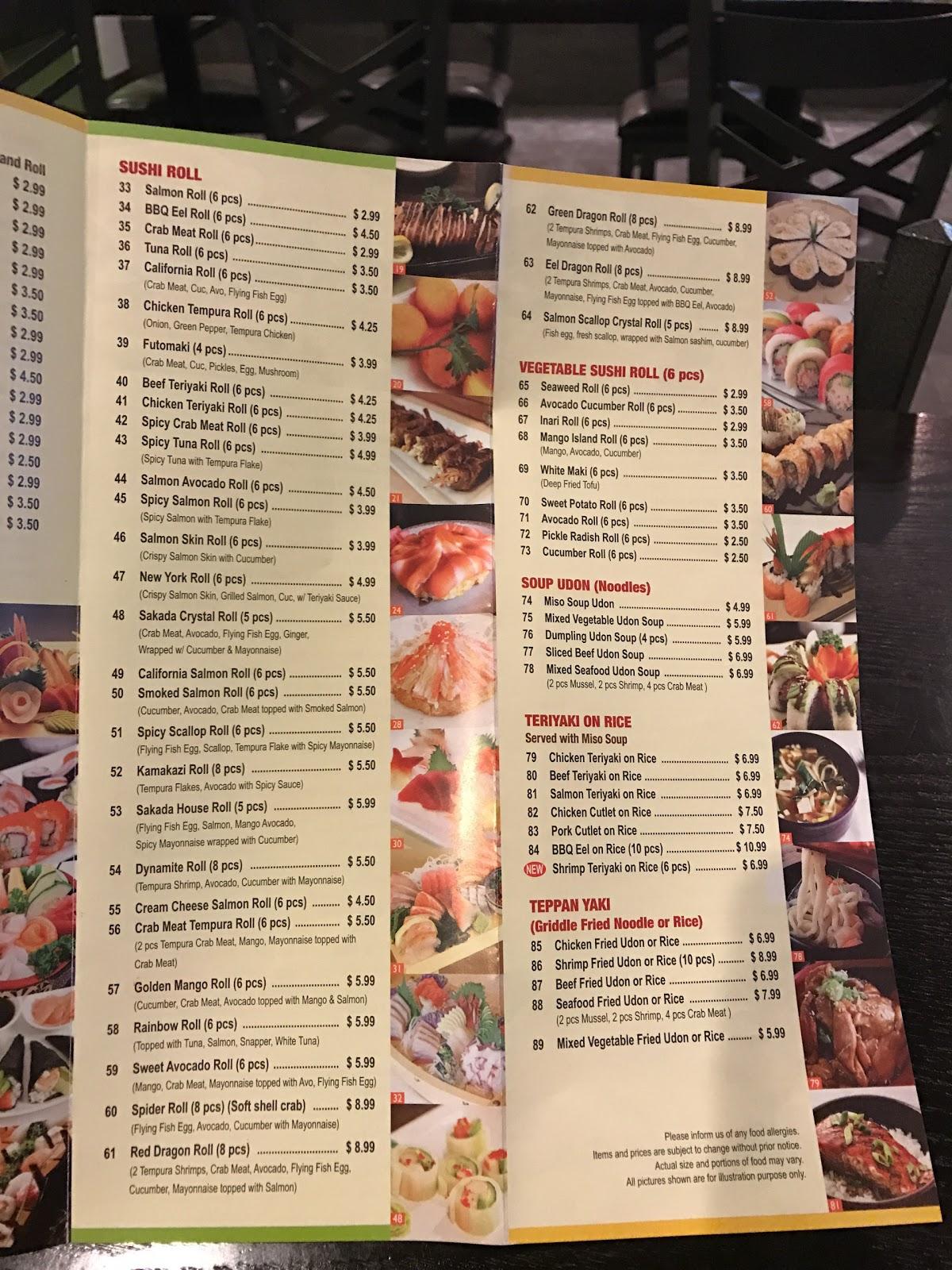 Menu at Sakada Sushi Teriyaki Restaurant, Pickering