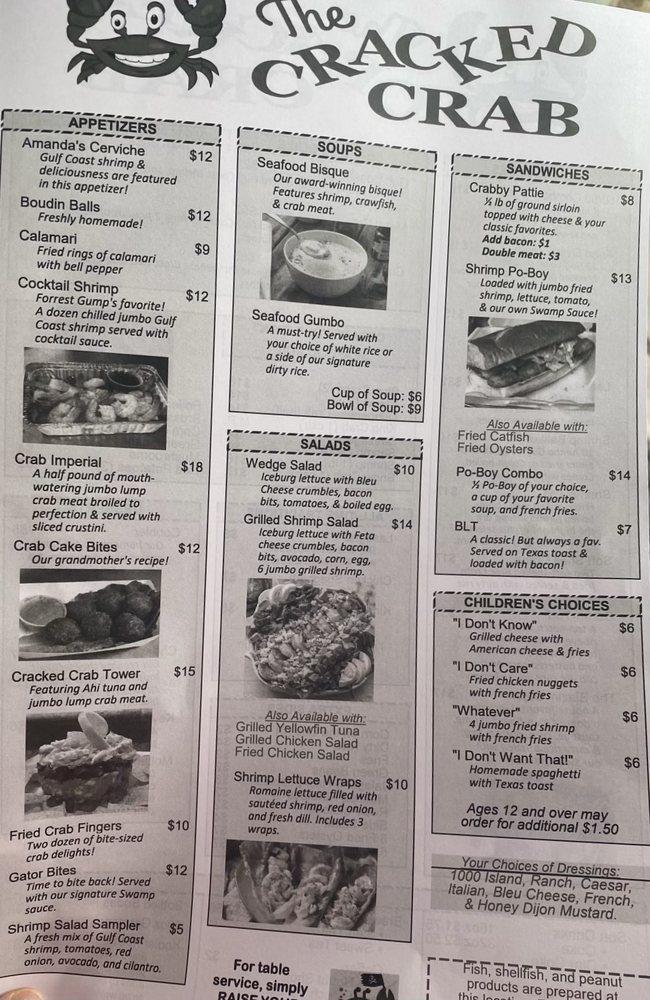 Menu at The Cracked Crab restaurant, USA, 700 Coleto Park Rd