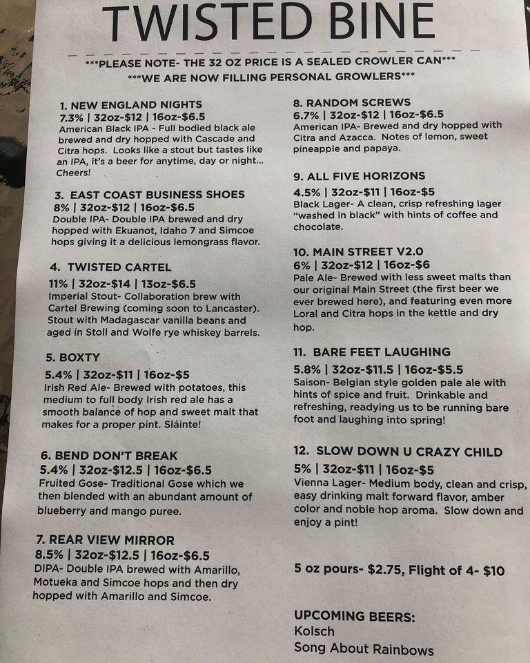 Menu at Twisted Bine pub & bar, Mount Joy