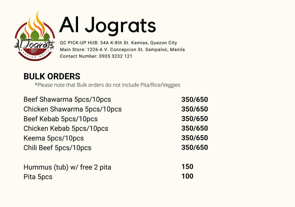 Menu at Al Jograts Persian Grill restaurant, Manila