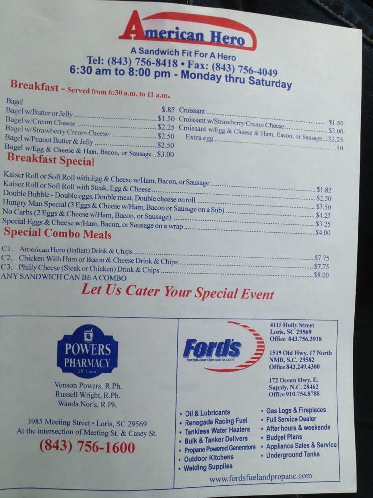 Menu at American Hero Subs & Bagels restaurant, Loris
