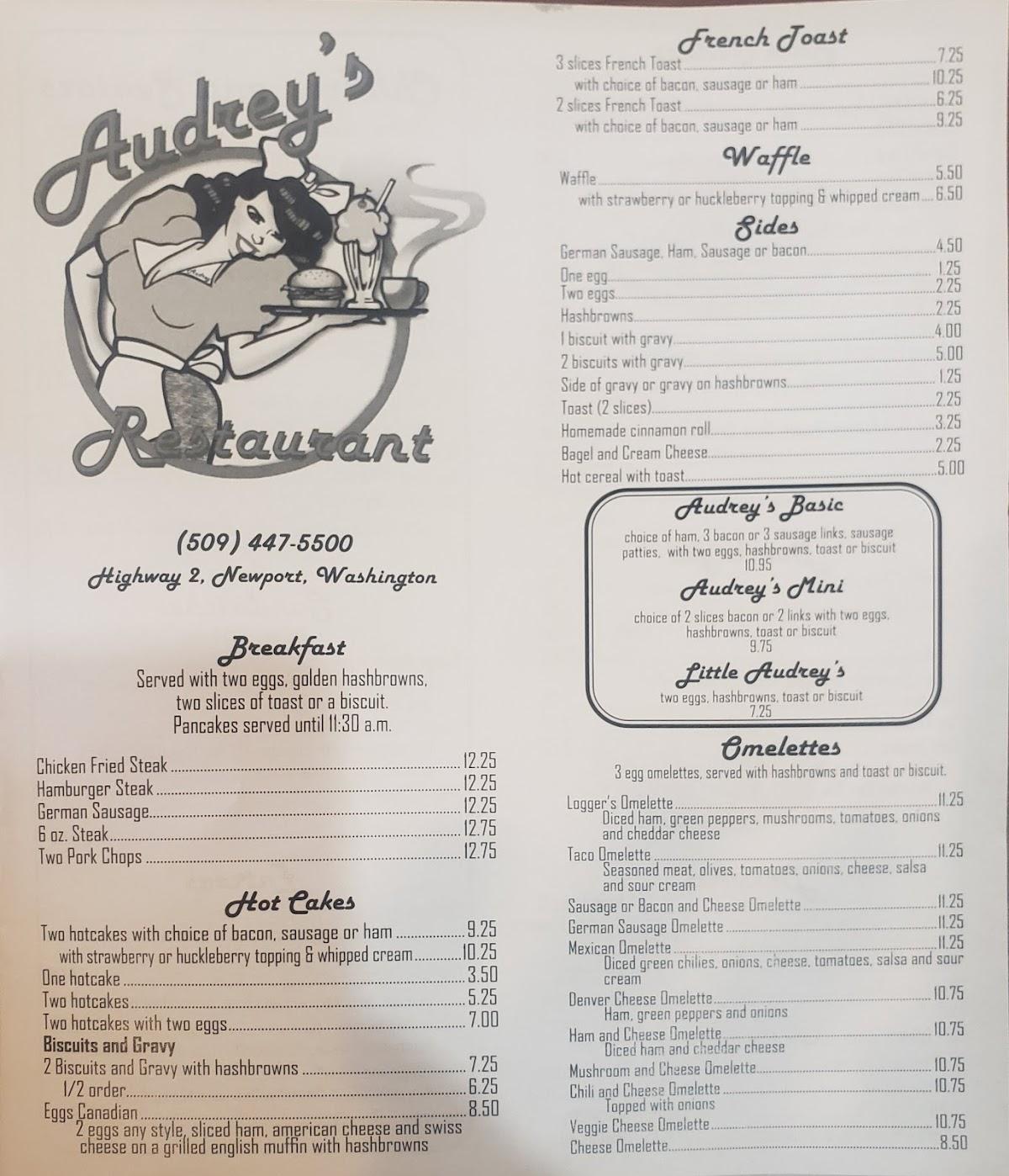 Menu at Audrey's Restaurant, Newport, U.S. Rte 2