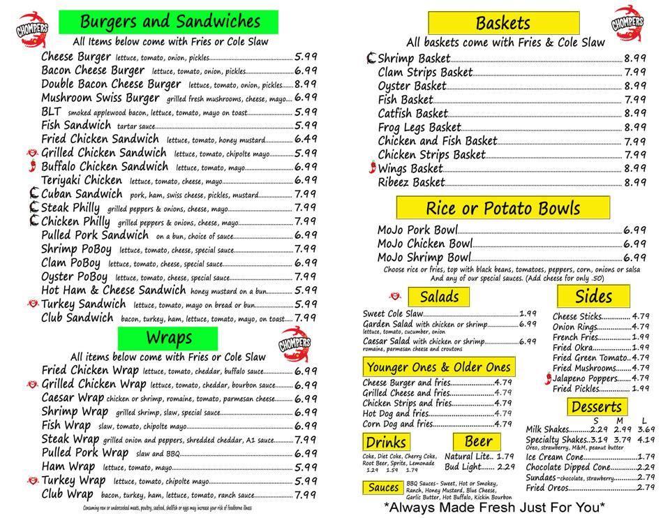 Menu at Chompers Diner restaurant, Fanning Springs