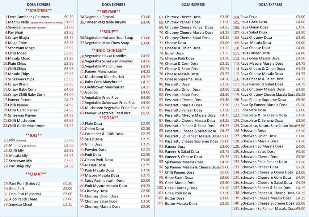 Menu at Dosa Express restaurant, Wembley