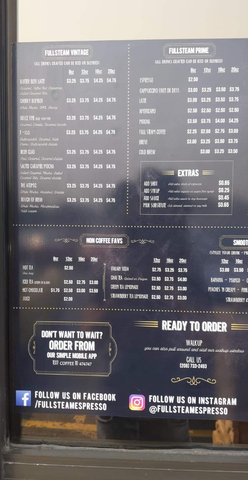 Menu at Full Steam Espresso, Twin Falls, Filer Ave E