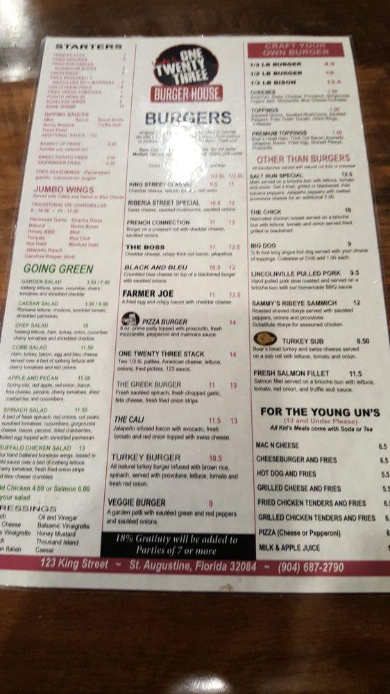 Menu at One Twenty Three Burger House restaurant, St. Augustine