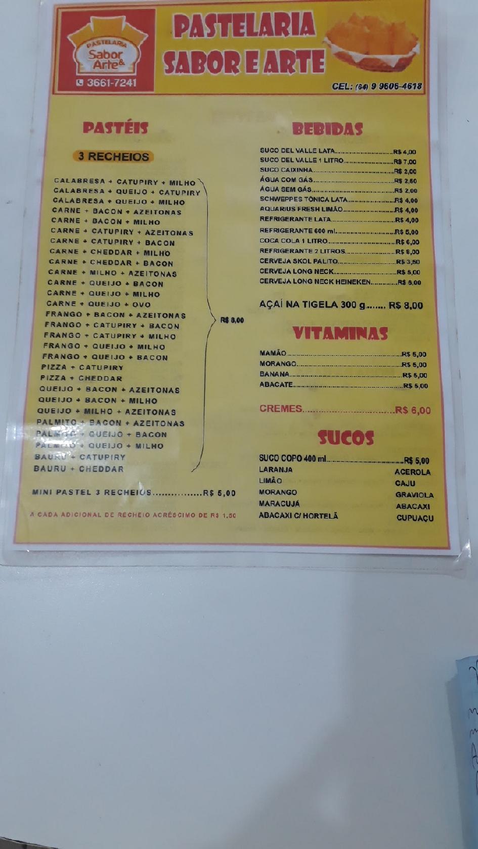 Menu em Pastelaria Sabor & Arte, Mineiros