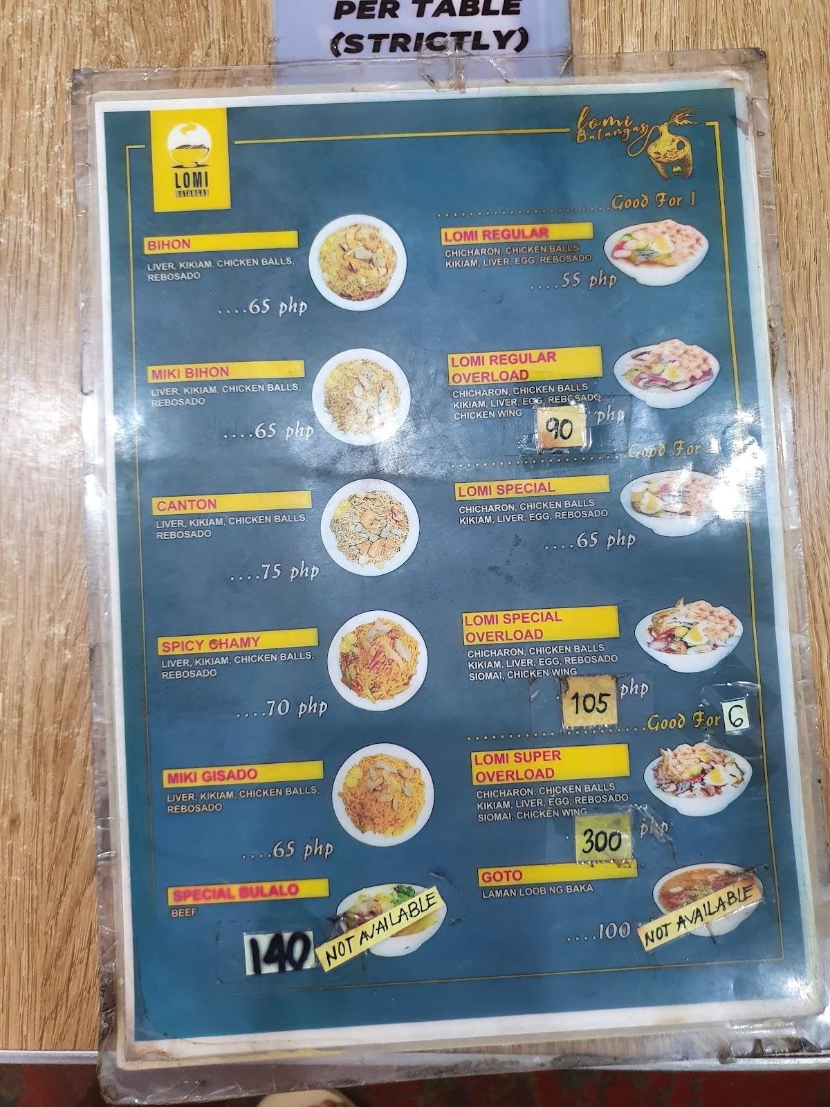 Menu at Special Lomi Batangas restaurant, Manila
