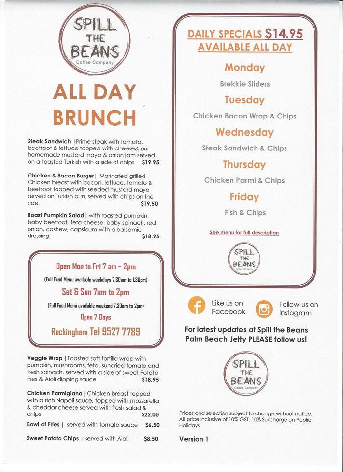 Menu at Spill the Beans @ Palm Beach Jetty cafe, Rockingham