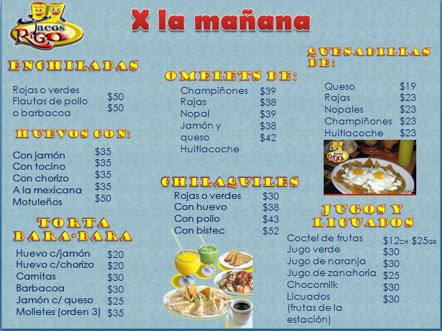 Carta del restaurante Tacos Rigo, Cancún, Playa 50 ‎ Cancun Centro Off ...