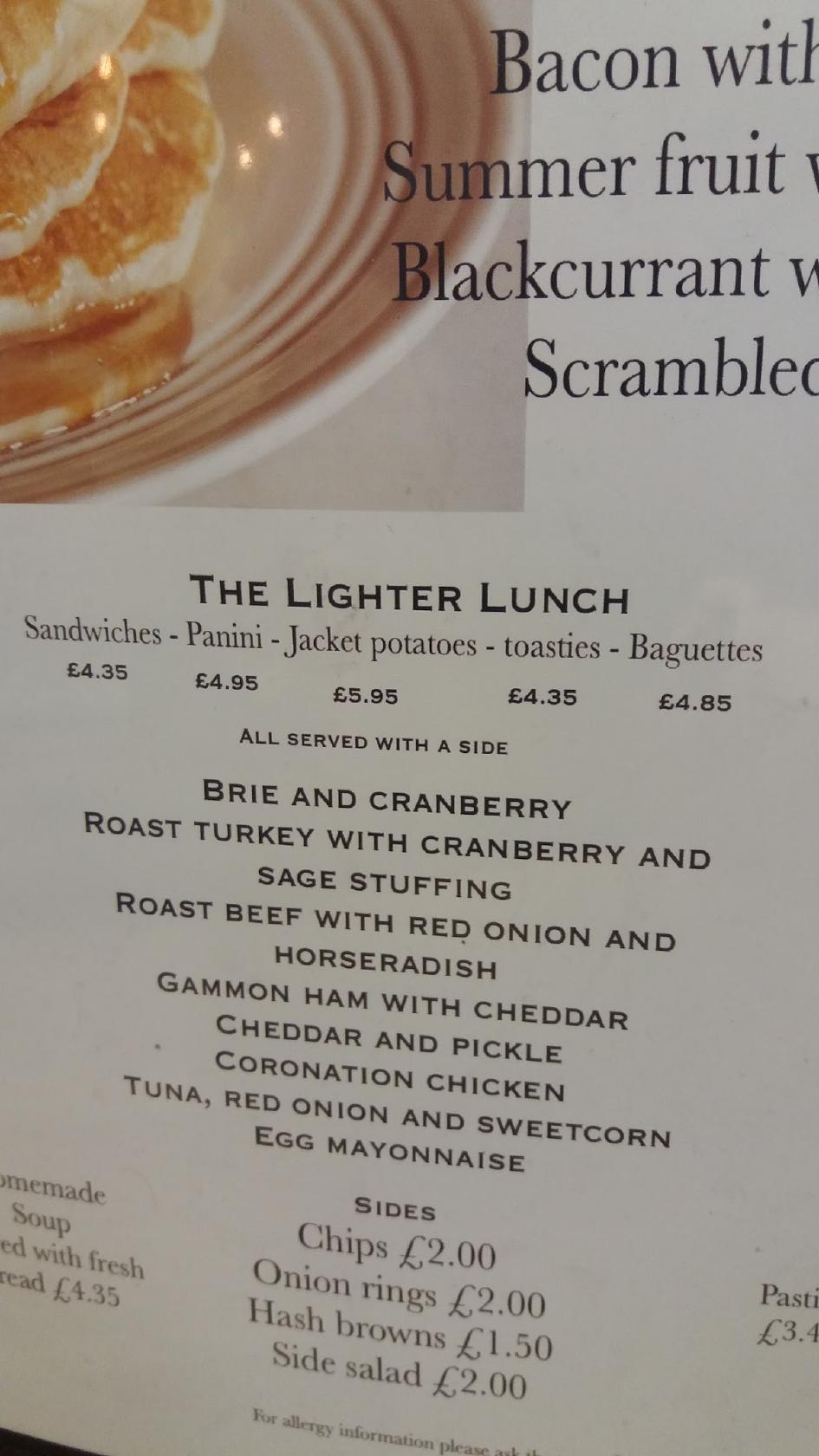Menu at The Farmhouse cafe, Calne