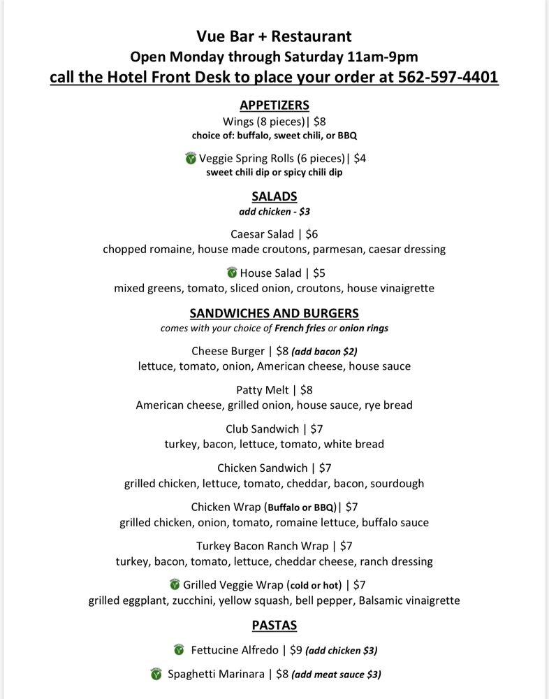 Menu at VUE Bar + Restaurant, Long Beach