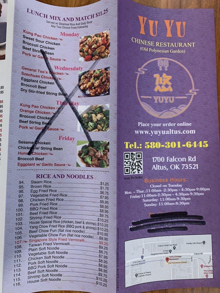Menu at YuYu Chinese Restaurant, Altus