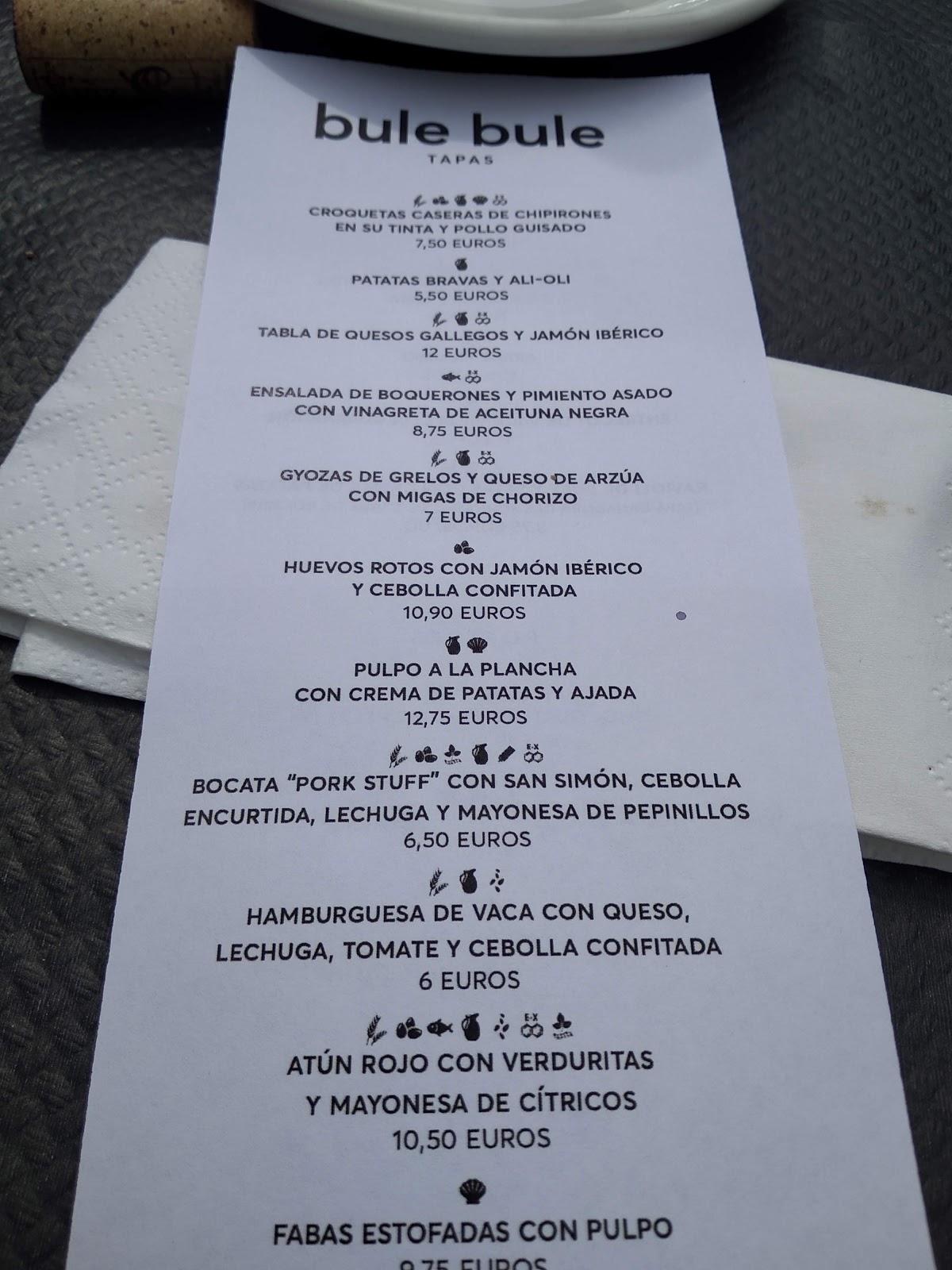 Carta del pub y bar Bule Bule, Allariz