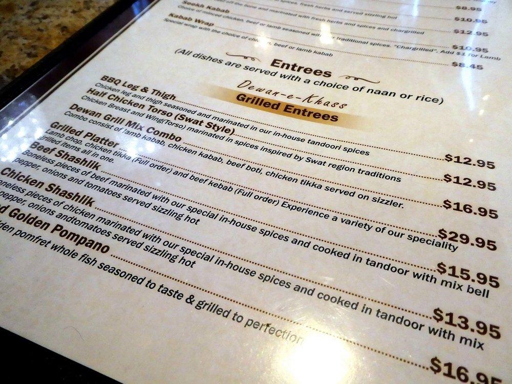 Menu at Dewan-E-Khass restaurant, Vancouver