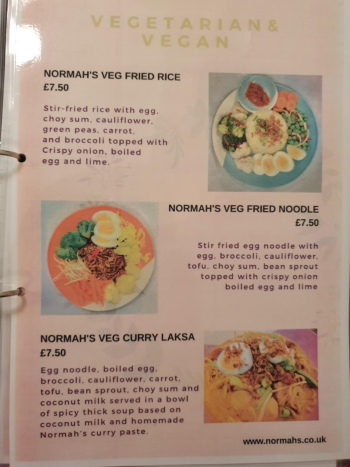 Menu at Normah's cafe, London