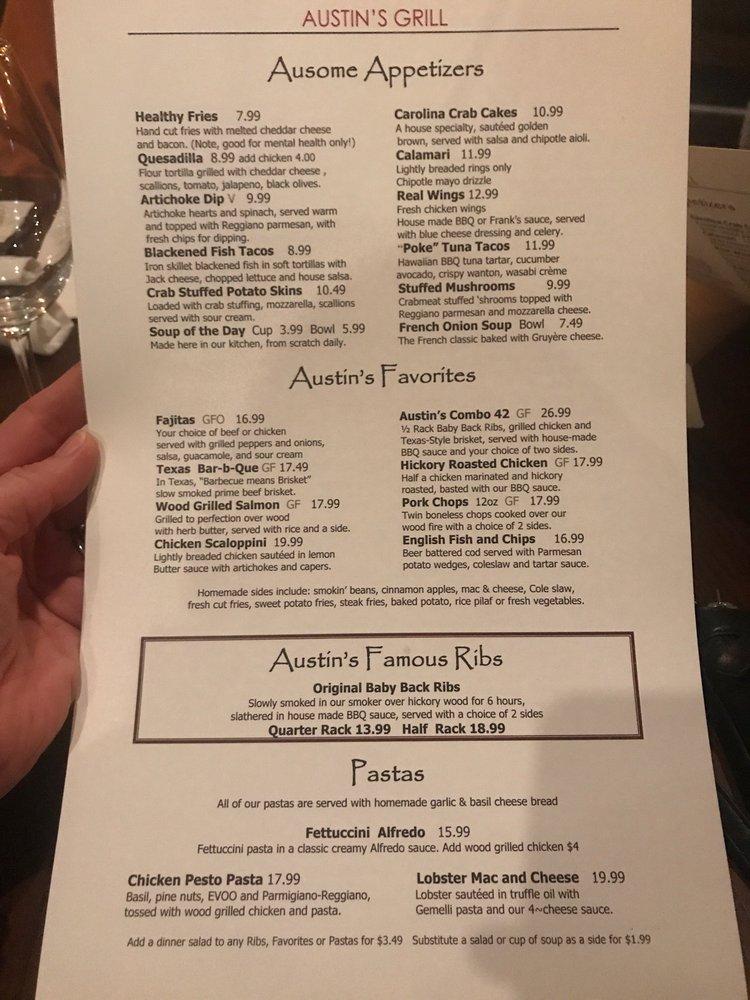 Menu at Austin’s Grill restaurant, Mentor