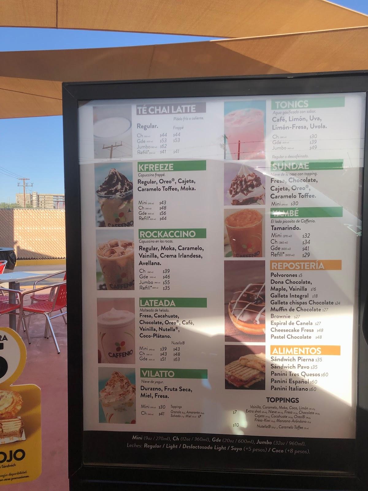 Carta de cafetería CAFFENIO Calzada Cetys, Mexicali