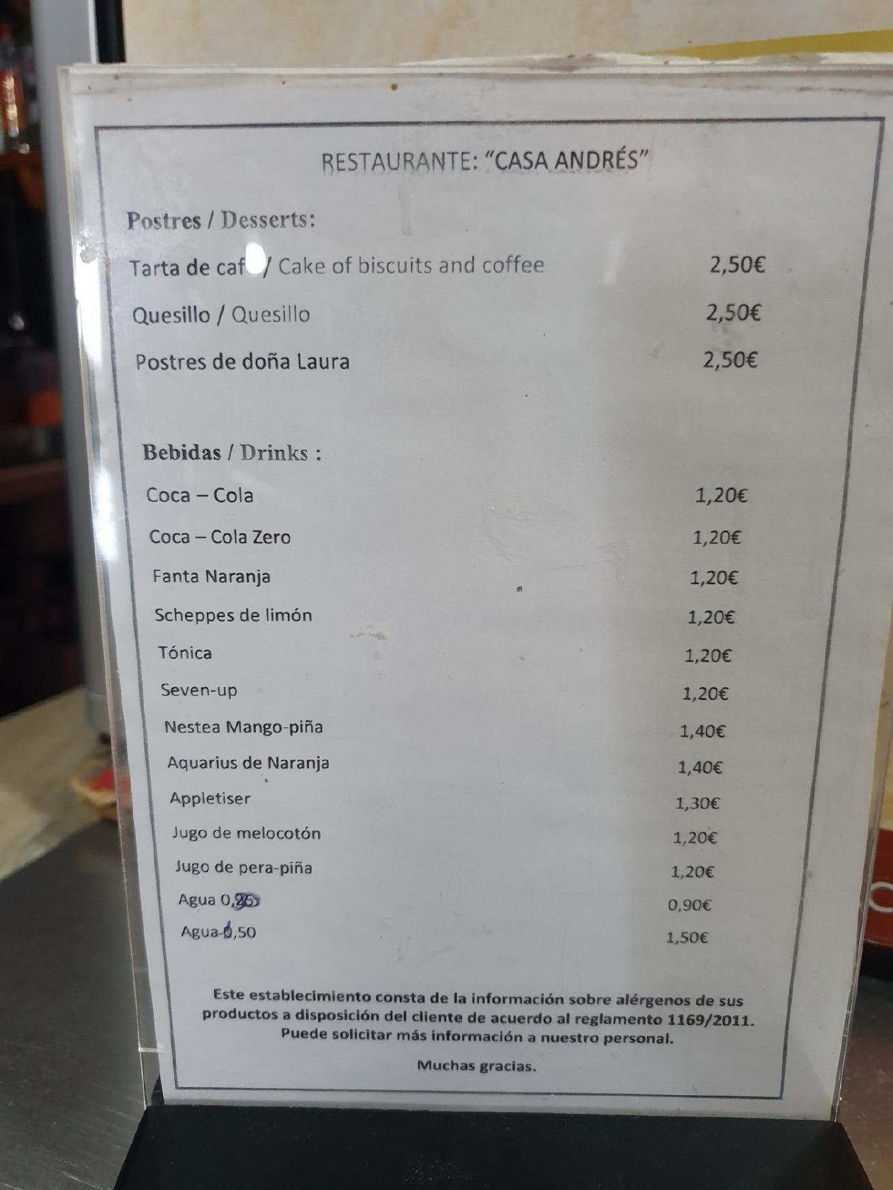Menu at Casa Andrés restaurant, Bajamar