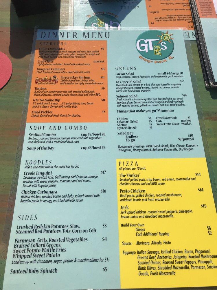 Menu at GTs On The Bay restaurant, Orange Beach