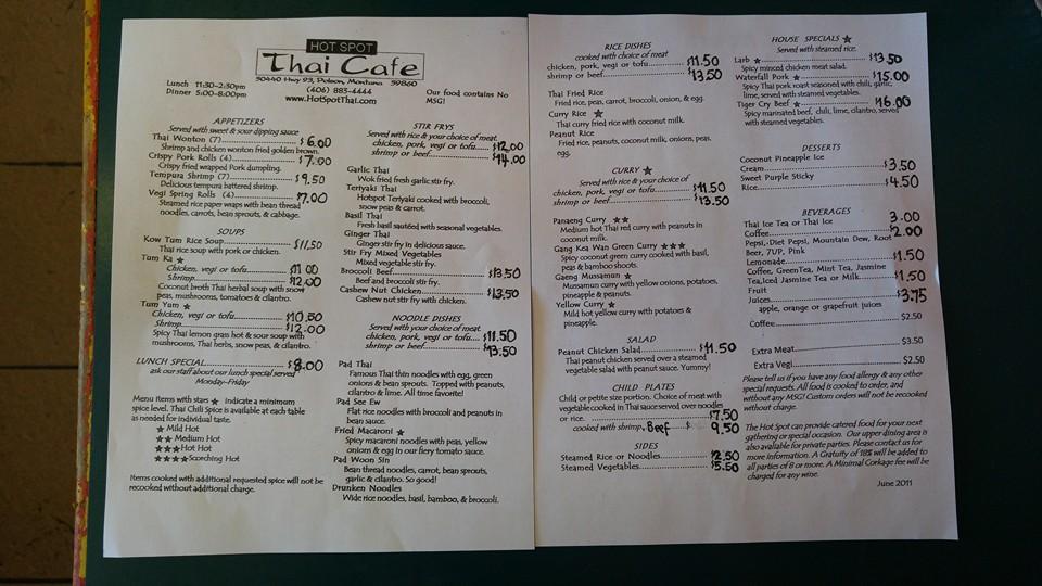 Menu at Hot Spot Thai Cafe, Polson