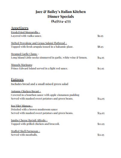 Menu at Jace & Bailey's Italian Kitchen restaurant, Pine Bush