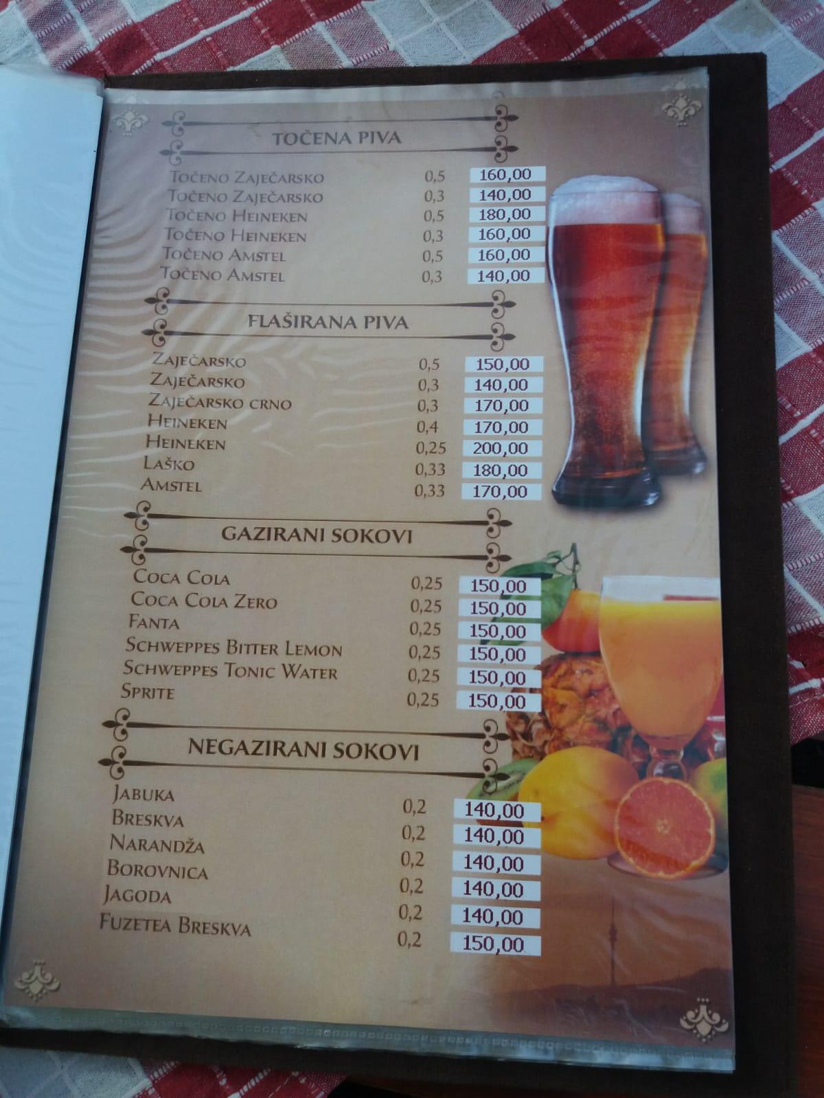 Menu at Konoba pod Avalom restaurant, Belgrade