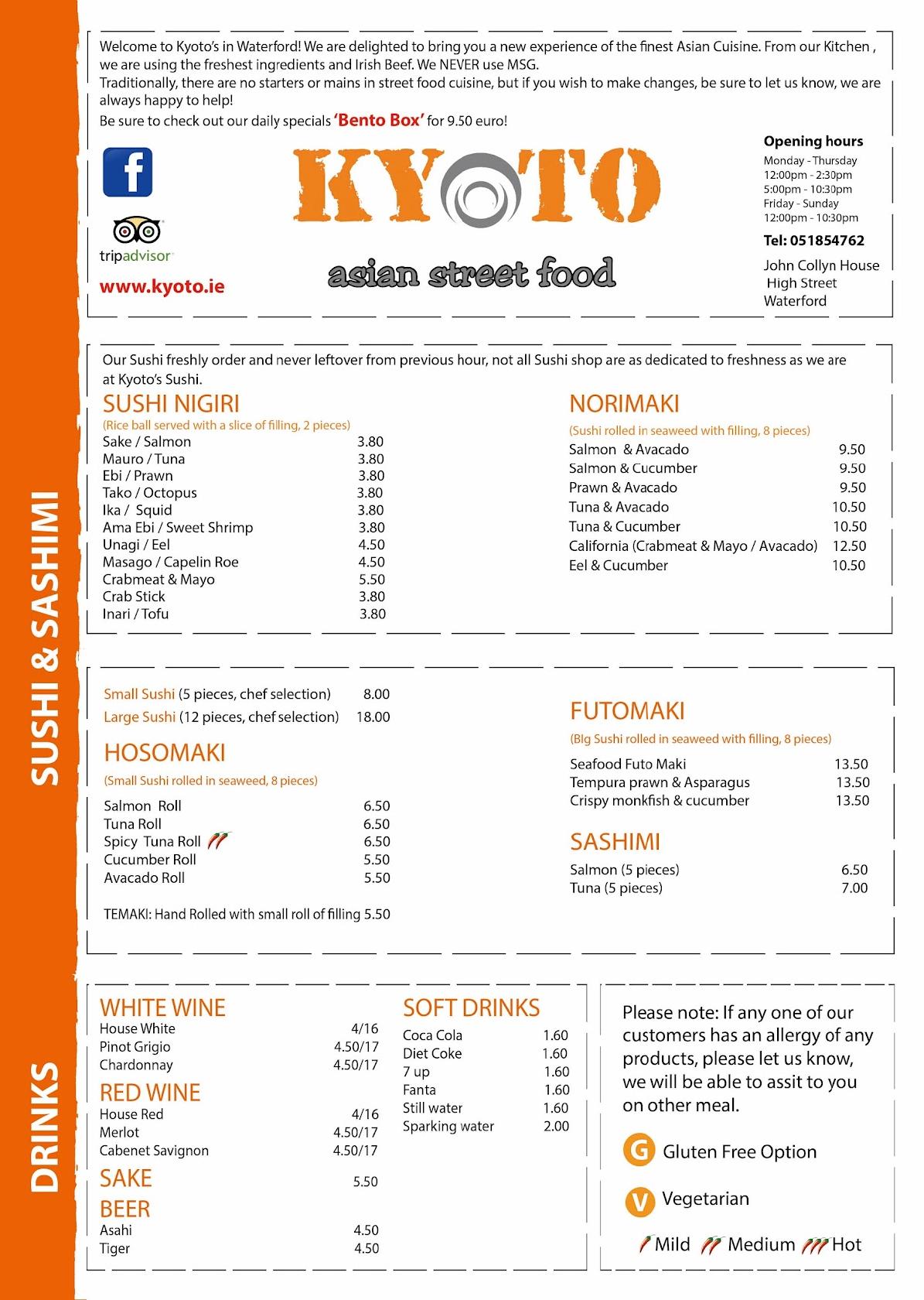 Menu at Kyoto Waterford restaurant, Waterford
