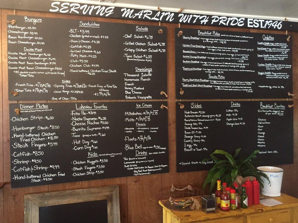 Menu at Lakeview Drive-In restaurant, Marlin, Hwy 6