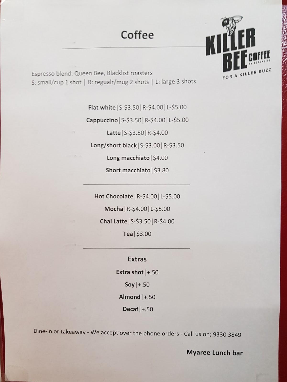 Menu at Myaree Lunch Bar, Myaree