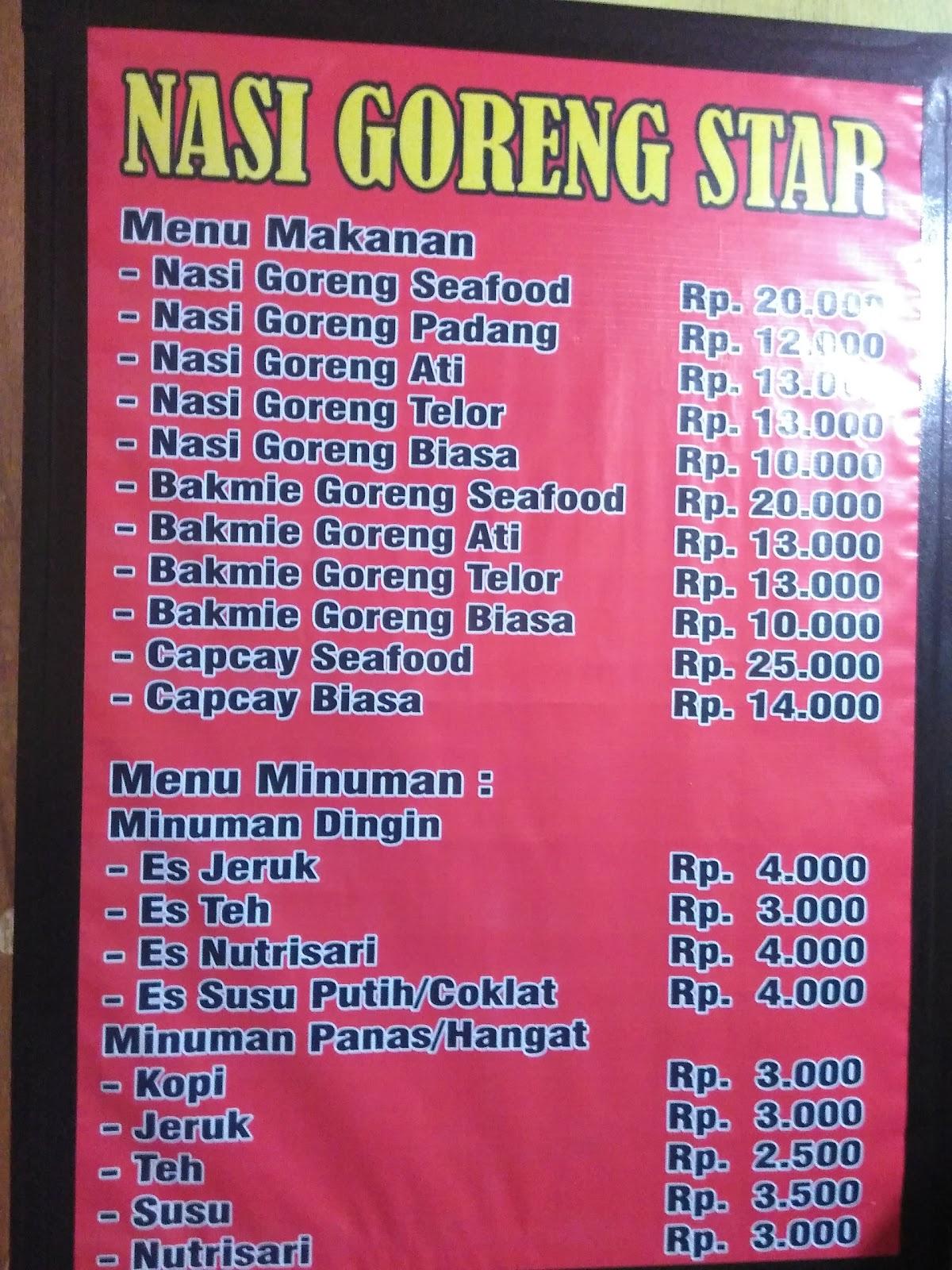 Carta del restaurante Nasi Goreng Star, Malang