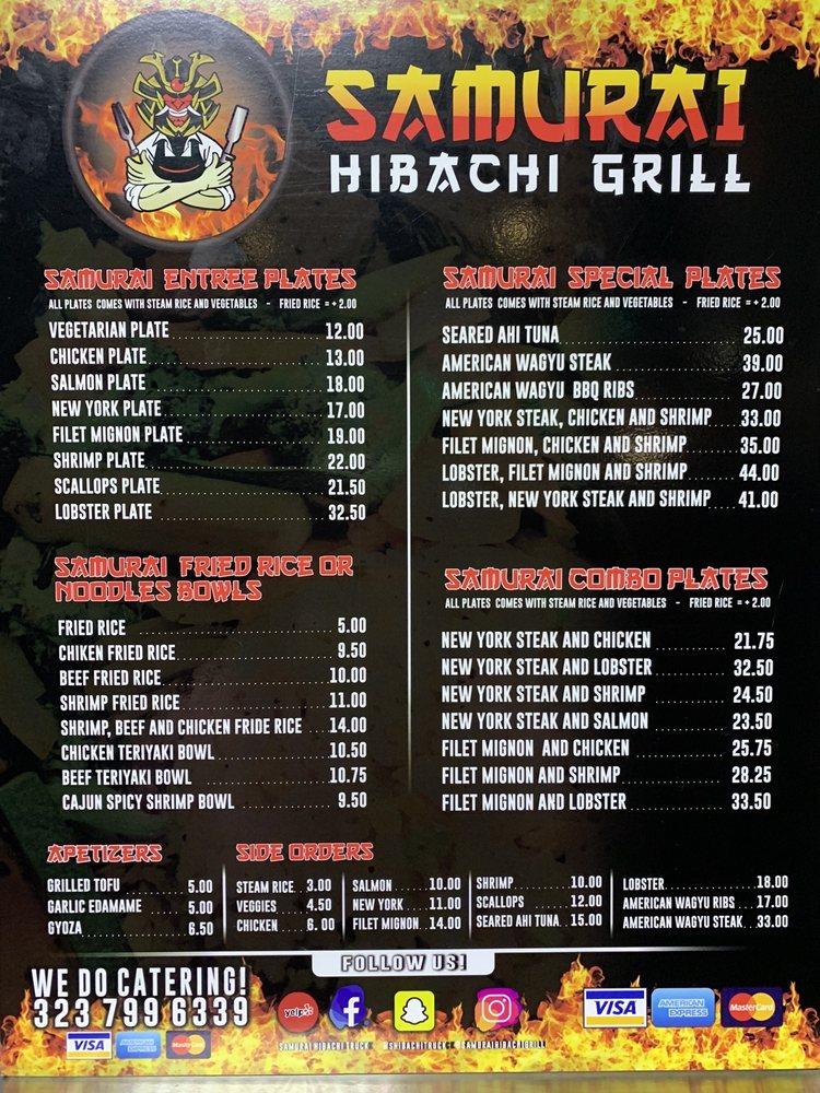 Menu at Samurai Hibachi Grill restaurant, Los Angeles