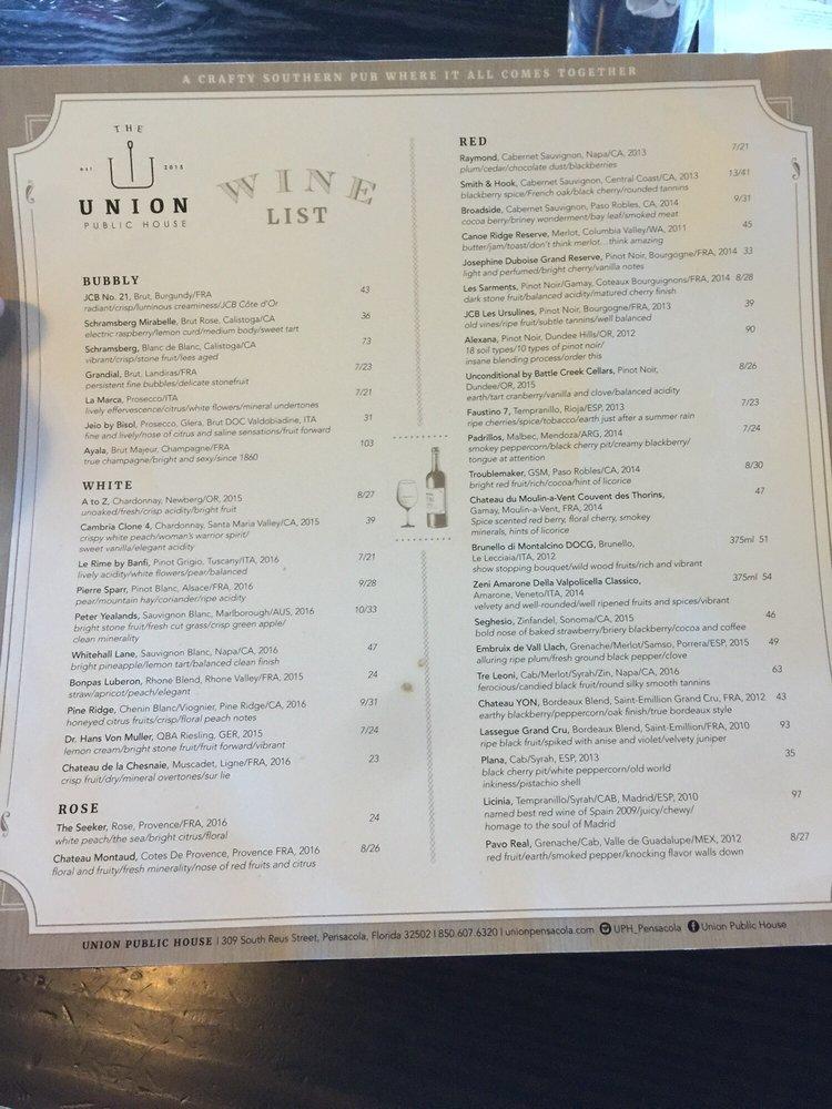 Menu at Union Public House, Pensacola, 36 E Garden St