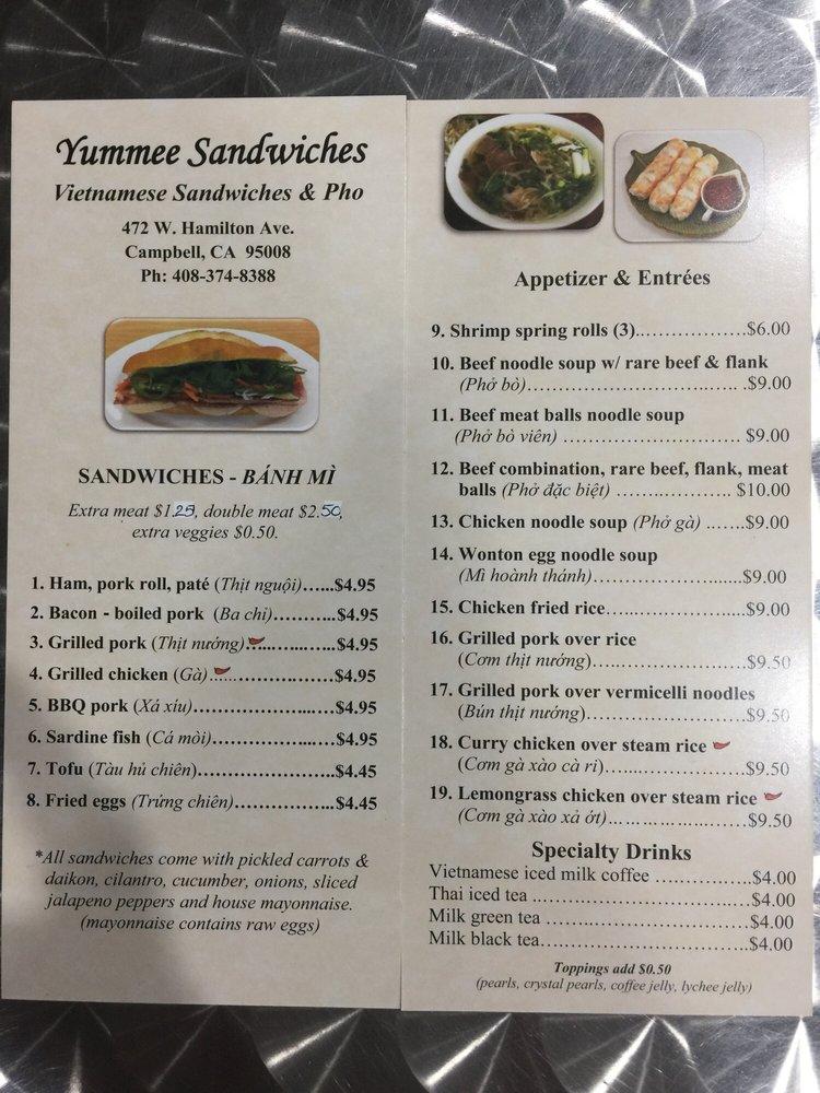 Menu at Yummee Sandwiches fast food, Campbell
