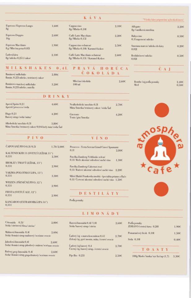 Menu at Atmosphera Cafe, Bratislava
