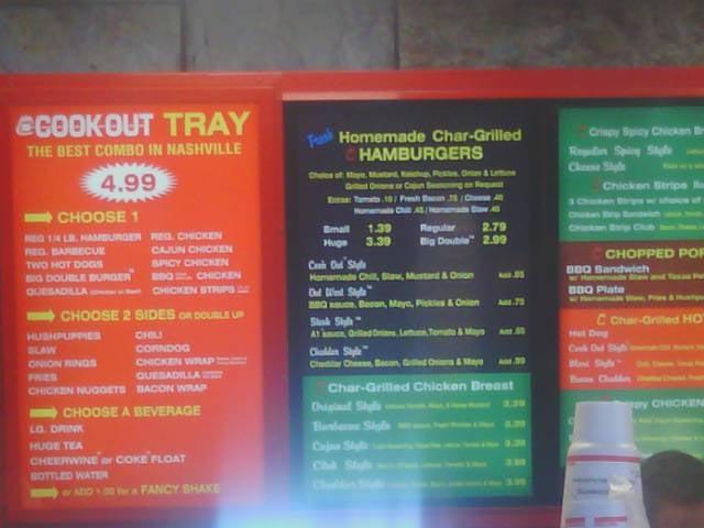 Menu at Cook Out fast food, Nashville, Gallatin Pike
