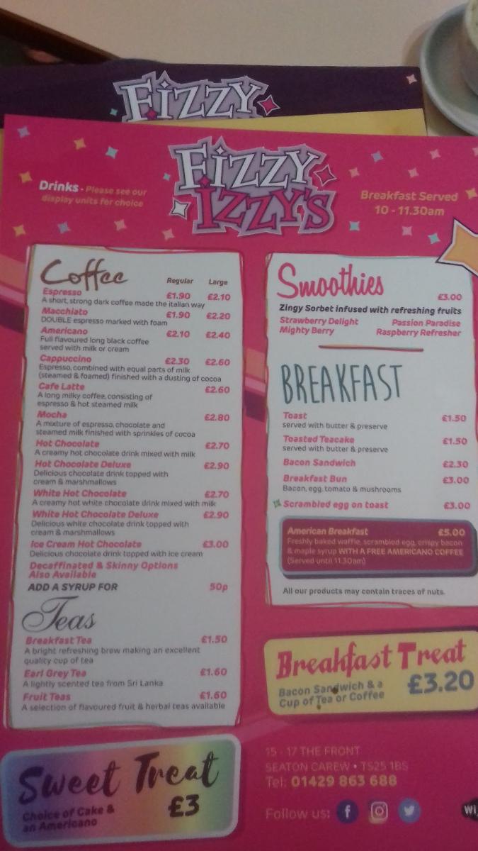 Menu at Fizzy Izzy's restaurant, Hartlepool