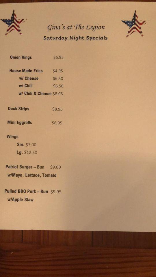 Menu at Gina's At the Legion restaurant, Thibodaux