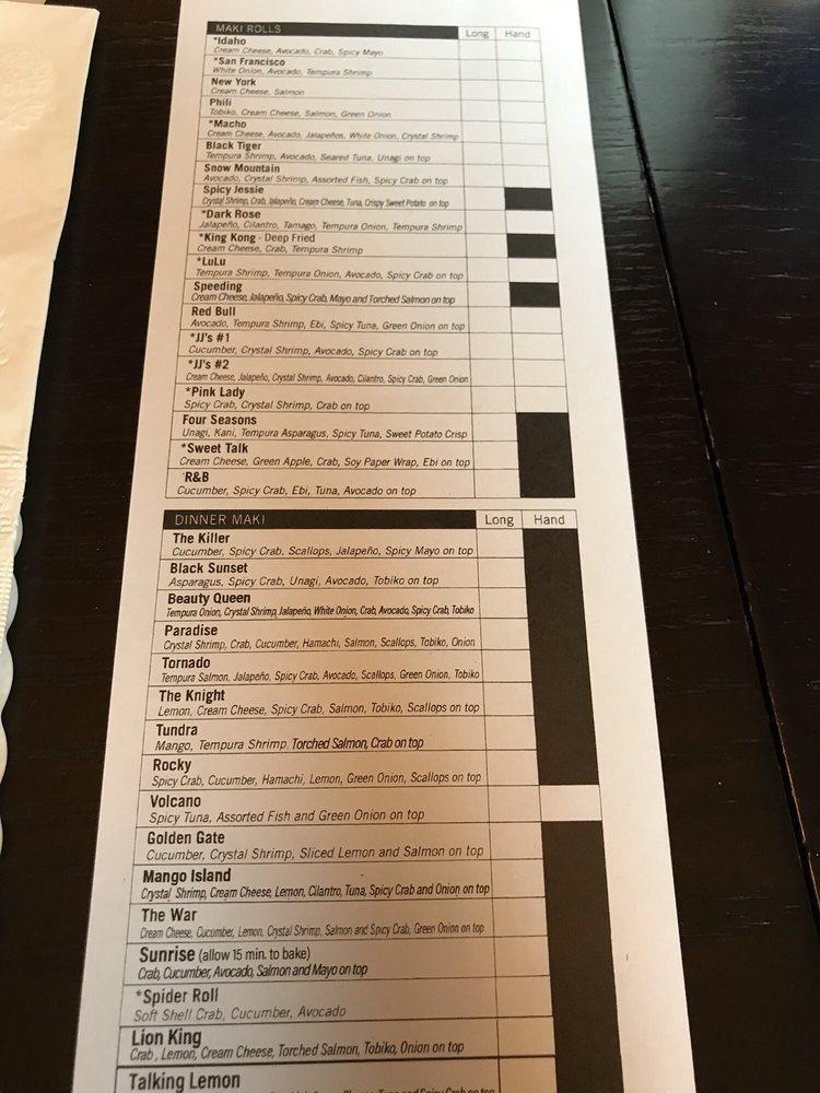 Menu at JJ's Sushi restaurant, Sparks